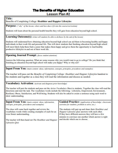 5+ Higher Education Lesson Plan Examples [Teacher, College, University ...