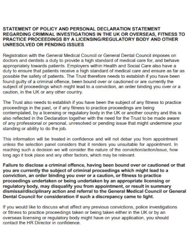 Personal Declaration Statement - 8+ Examples, Format, Pdf | Examples