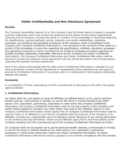 Visitors Non-Disclosure Agreement - 10+ Examples, Format, Pdf | Examples