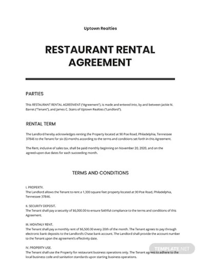 Restaurant Rental Agreement - Examples, Format, Pdf