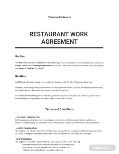 Restaurant Work Agreement - 3+ Examples, Format, Pdf | Examples