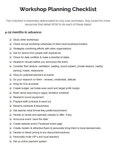 Workshop Planning Checklist - 10+ Examples, Format, Pdf | Examples