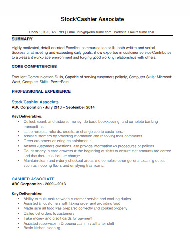 Cashier Resume - Examples, PDF | Examples