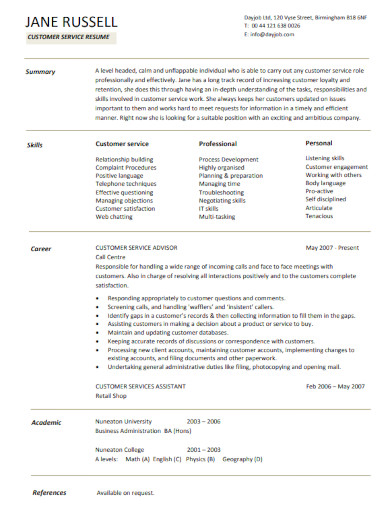 Customer Service Resume - Examples, PDF | Examples
