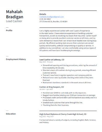 Cashier Resume - Examples, PDF | Examples