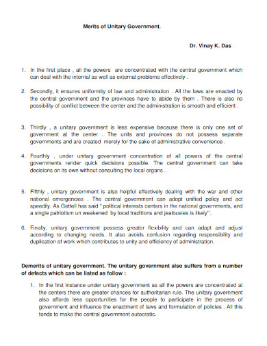 Unitary Government- Examples, PDF | Examples
