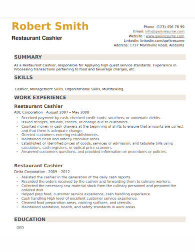 Cashier Resume - Examples, PDF | Examples