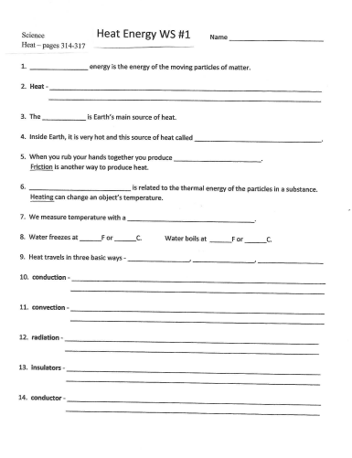 Free Printable Science Sheets Thermal Energy