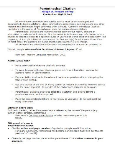 Parenthetical Citation - Examples, PDF | Examples