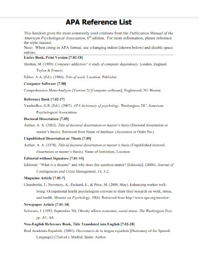 APA Format Reference Page - Examples, PDF | Examples