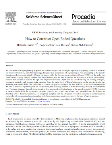 Open Ended Questions - 20+ Examples, Format, How to Create, PDF