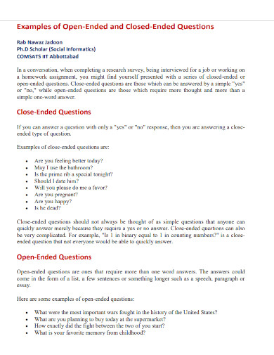 Open Ended Questions - 20+ Examples, Format, How to Create, PDF
