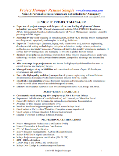 Project Manager Resume - Examples, Word, Apple Pages, PSD, Publisher ...