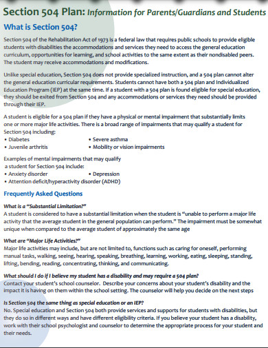 20+ 504 Plan Examples- PDF | Examples