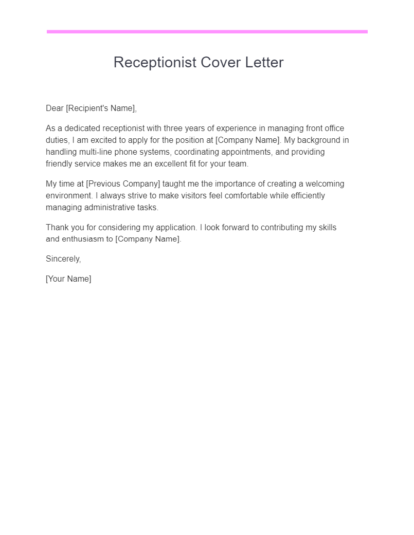 18+ Receptionist Cover Letter Examples, How to Write, Tips | Examples