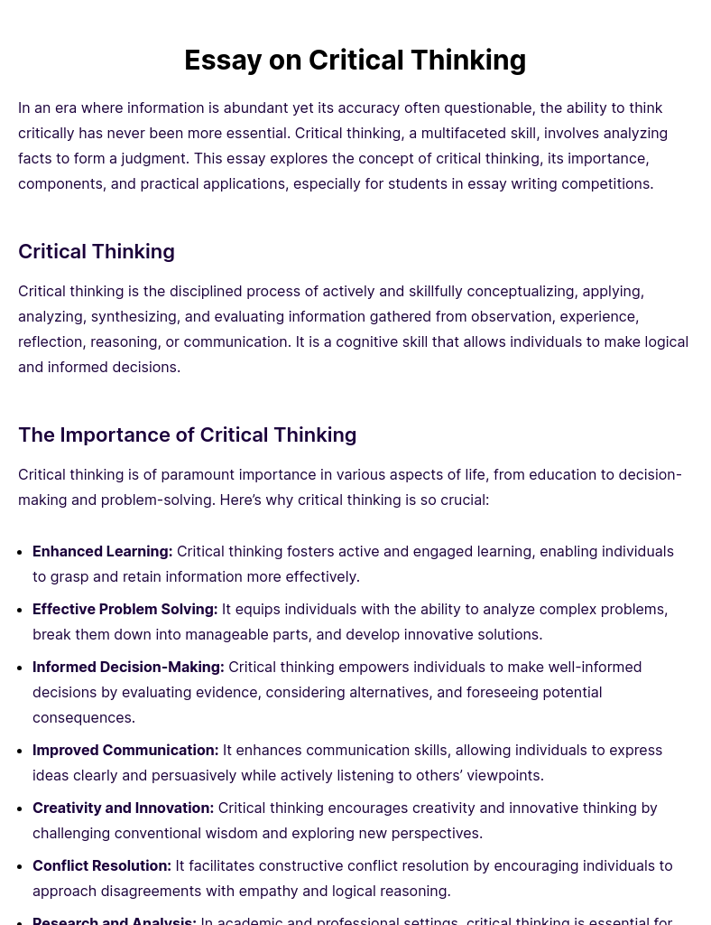 Critical Thinking Essay Exles For College Students Infoupdate