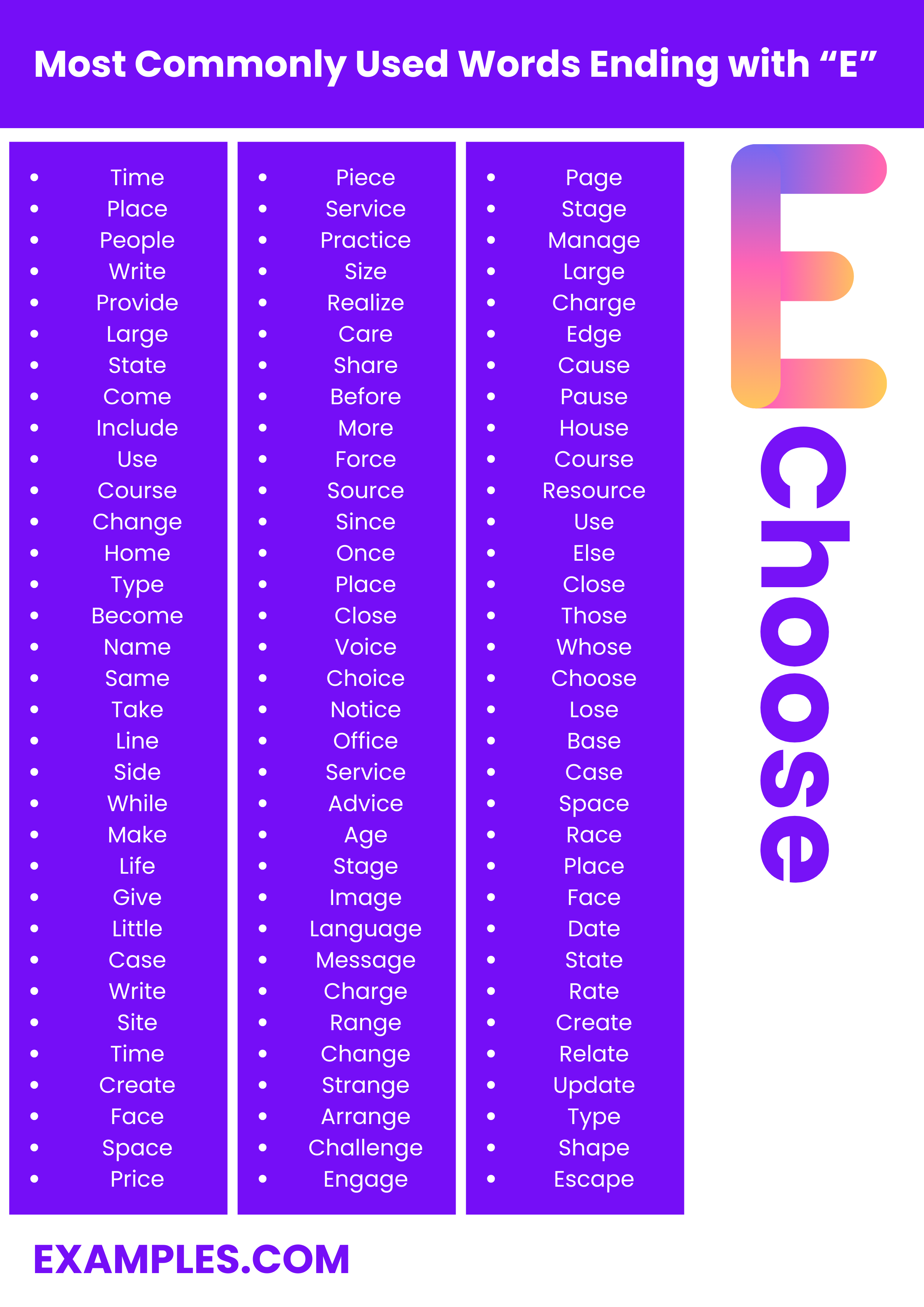 Words that End with E - 150+ List, Meaning, PDF