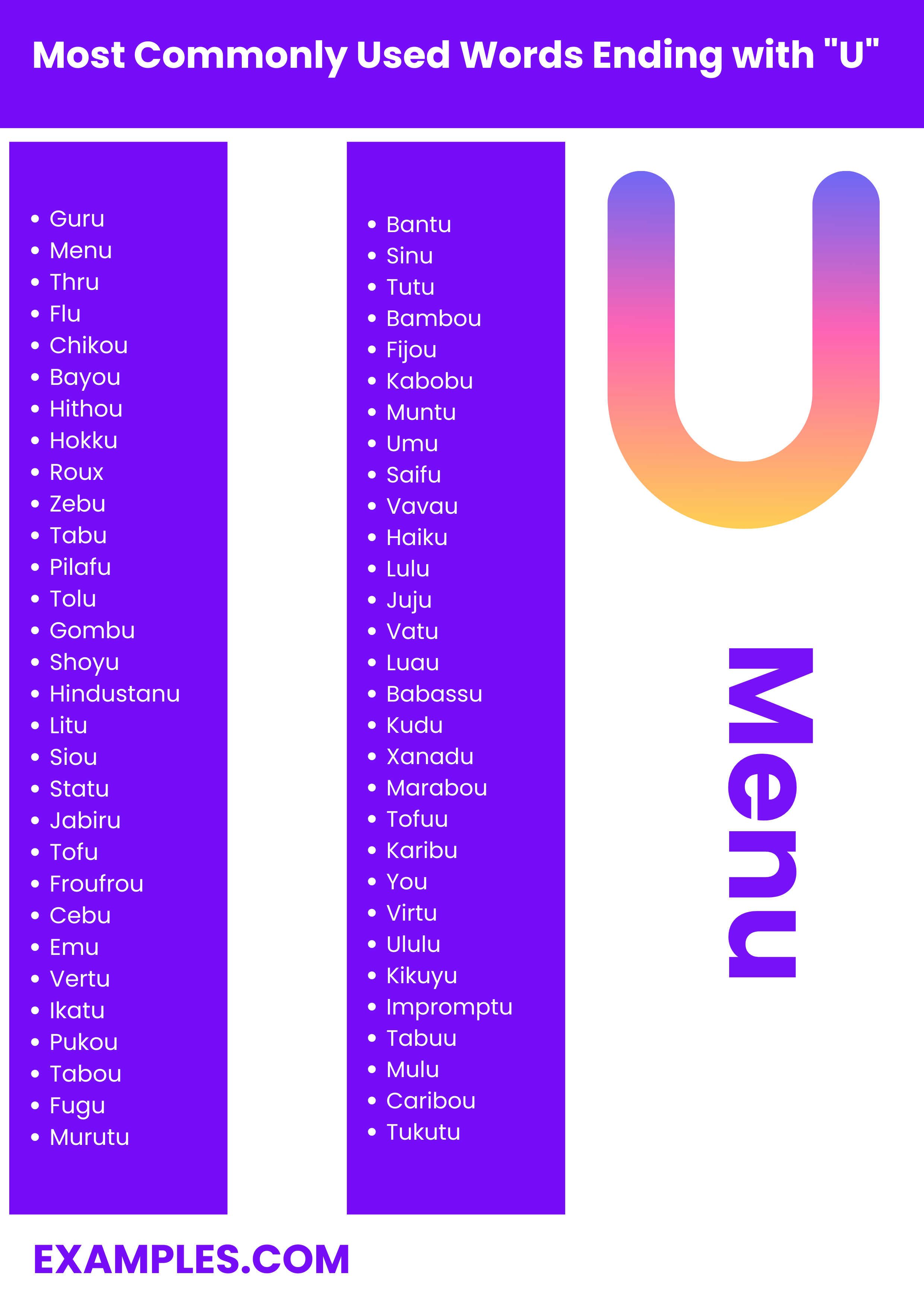 150 Words Ending With U List Meaning PDF 150 Words Ending With U List Meaning PDF
