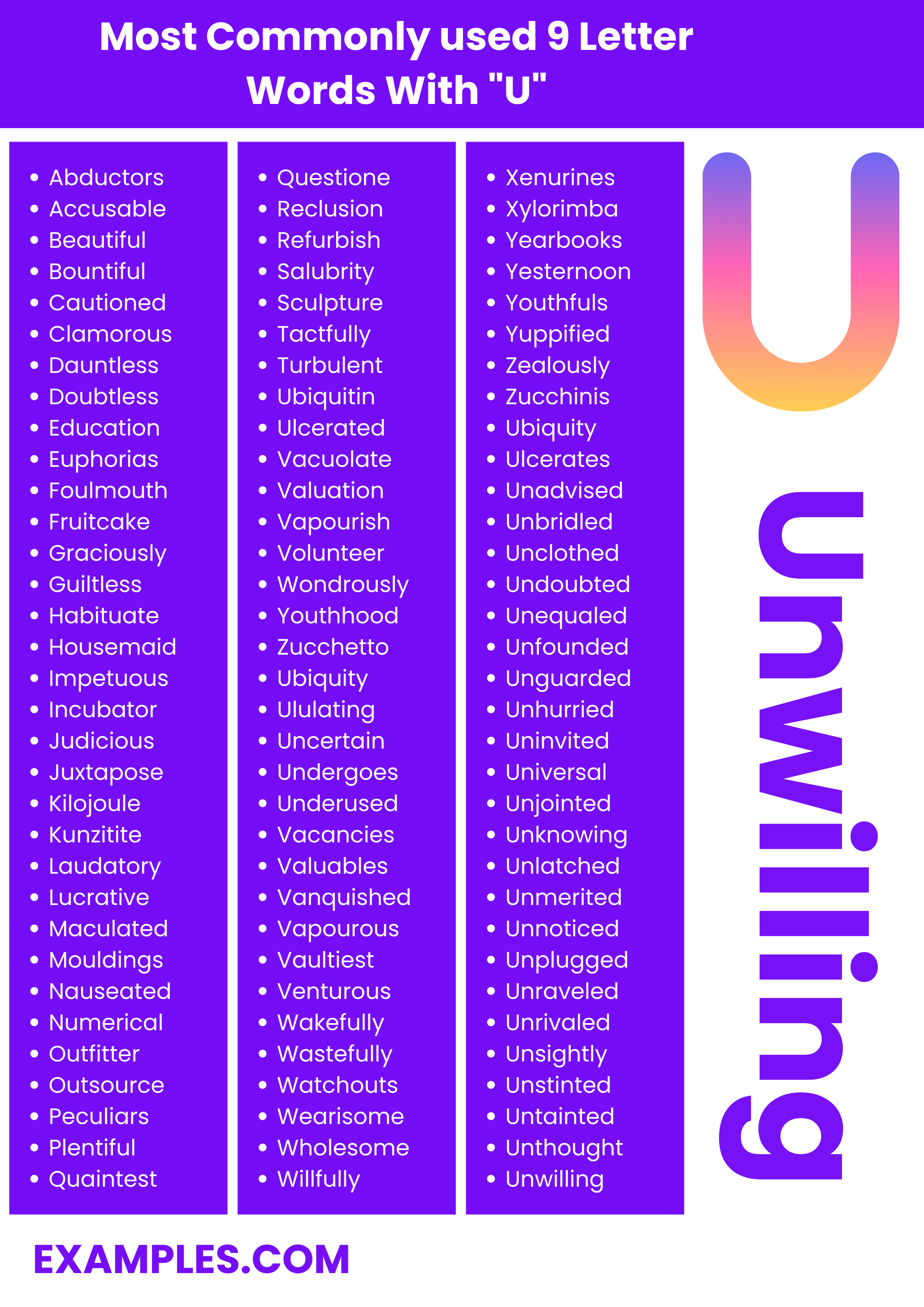9 Letter words with U; Meaning, PDF