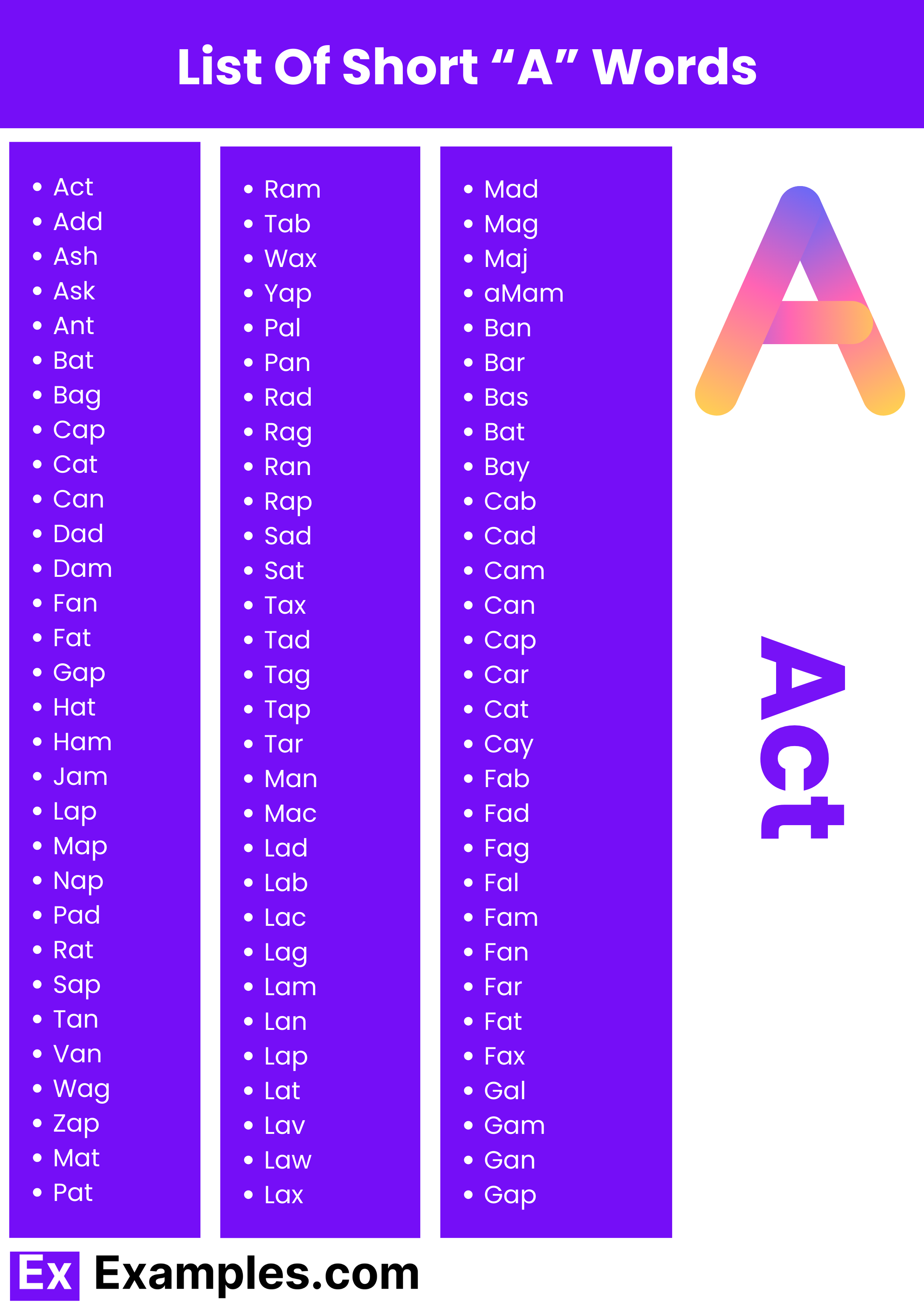 Short A Words List Short A Words List