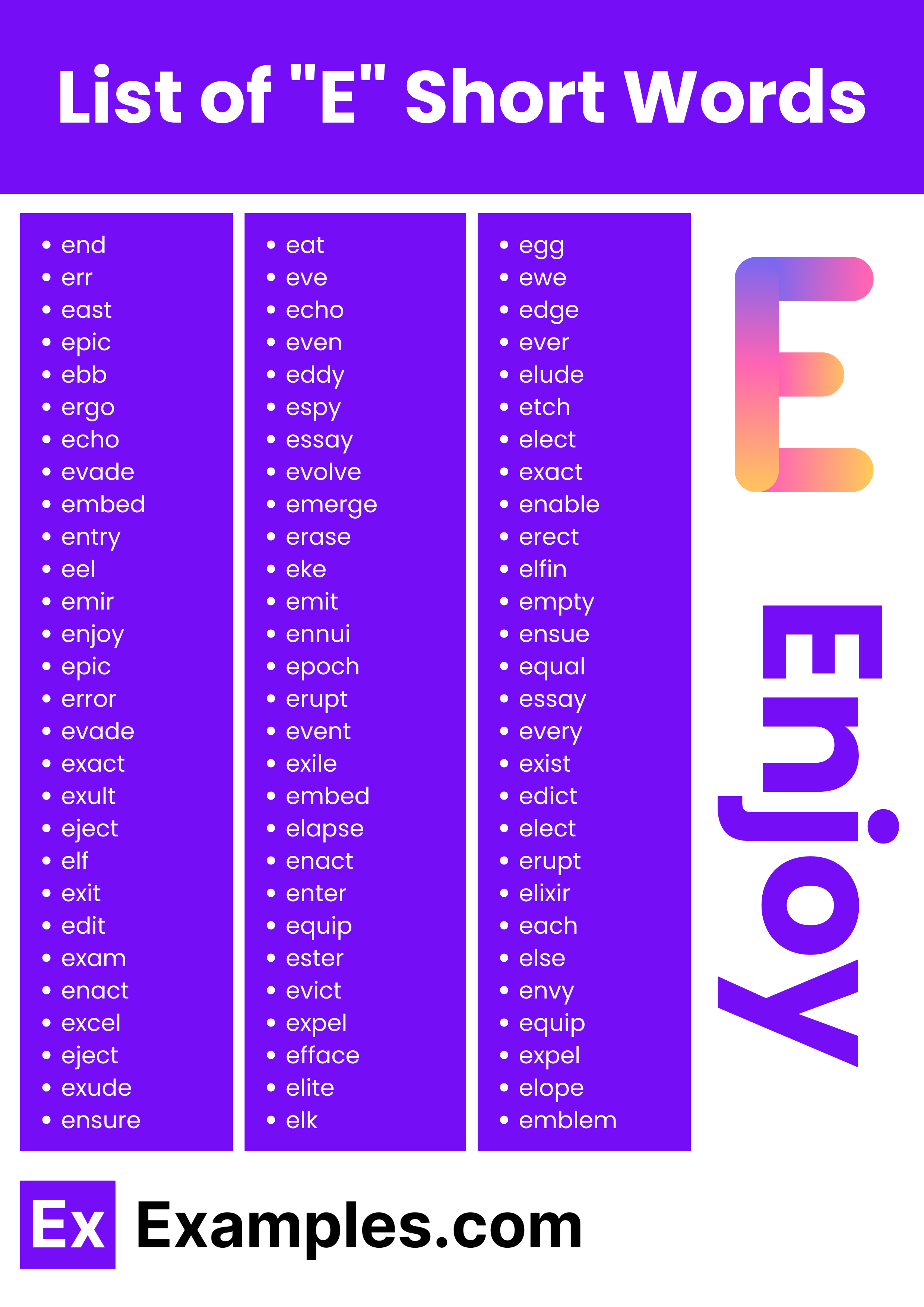 450+ E Short & Long Words, Meaning, PDF