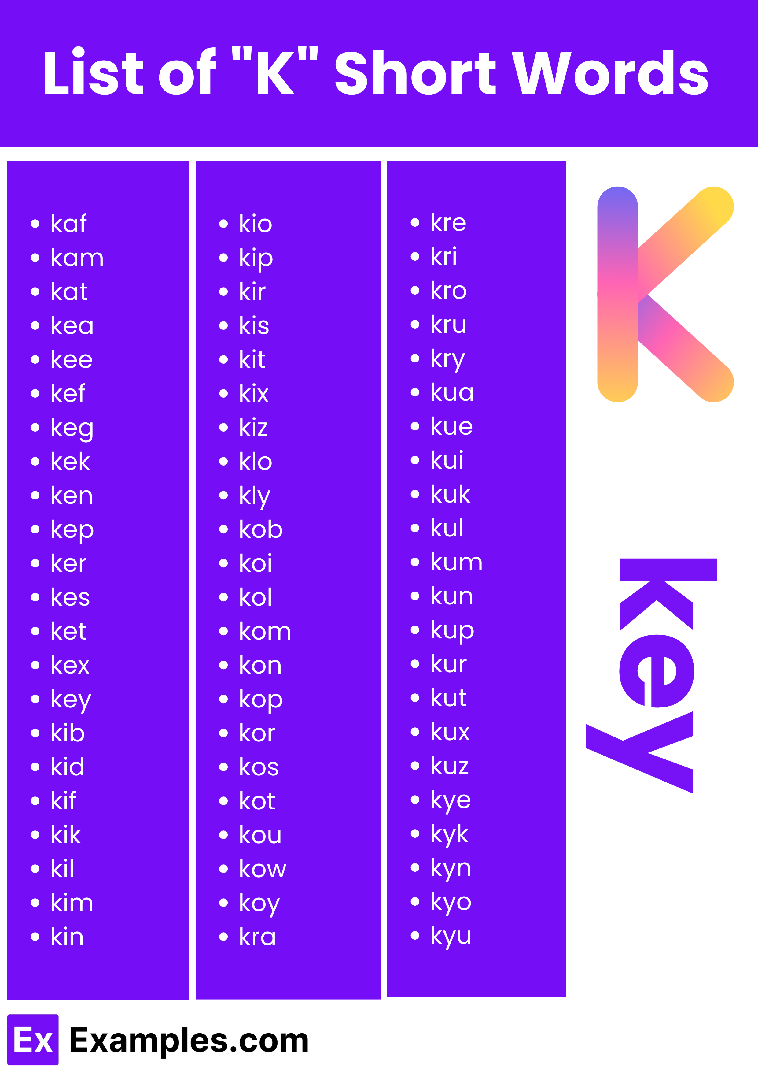 450+ K Short & Long Words, Meaning, PDF
