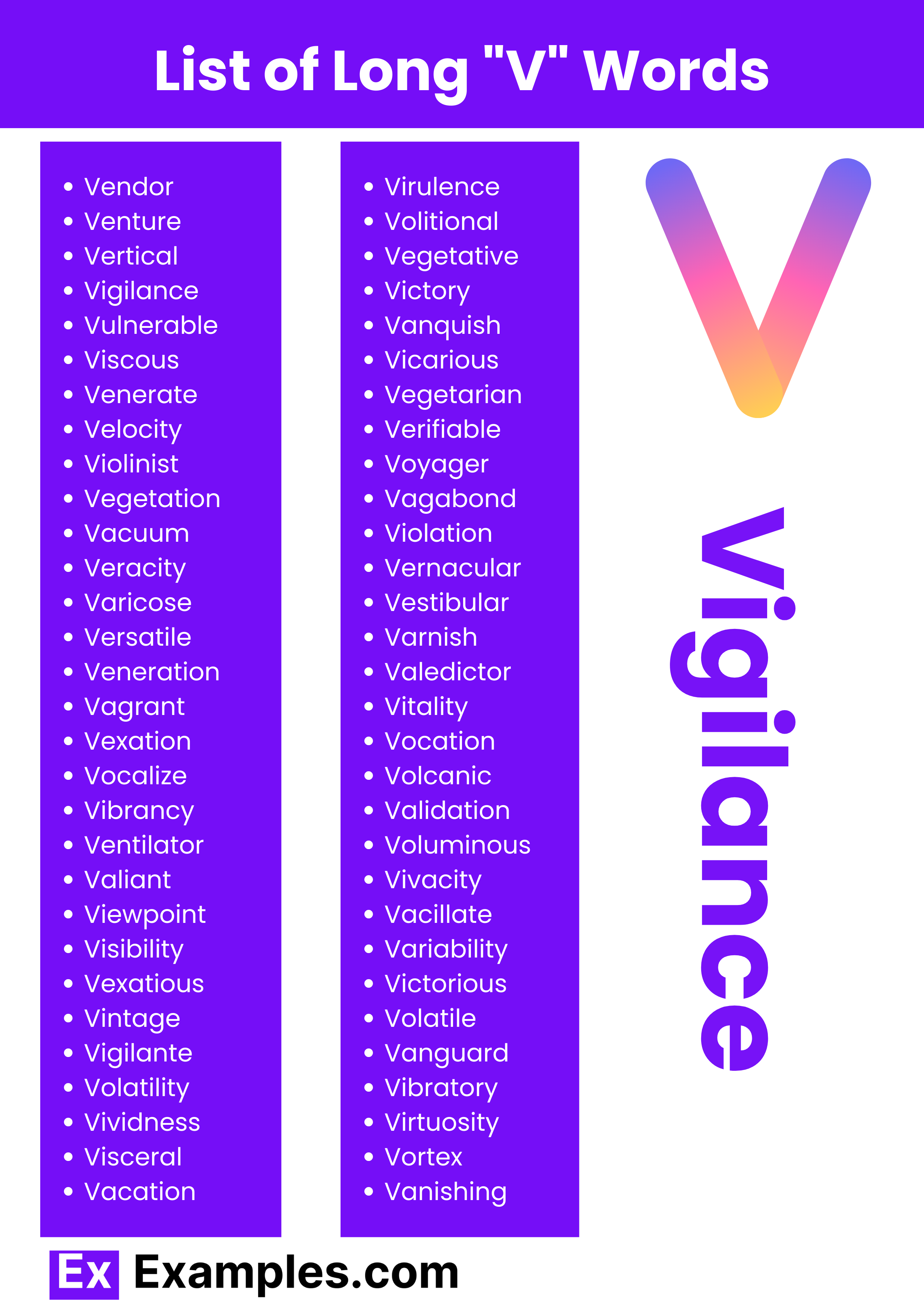 450+ V Short & Long Words, Meanings, PDF