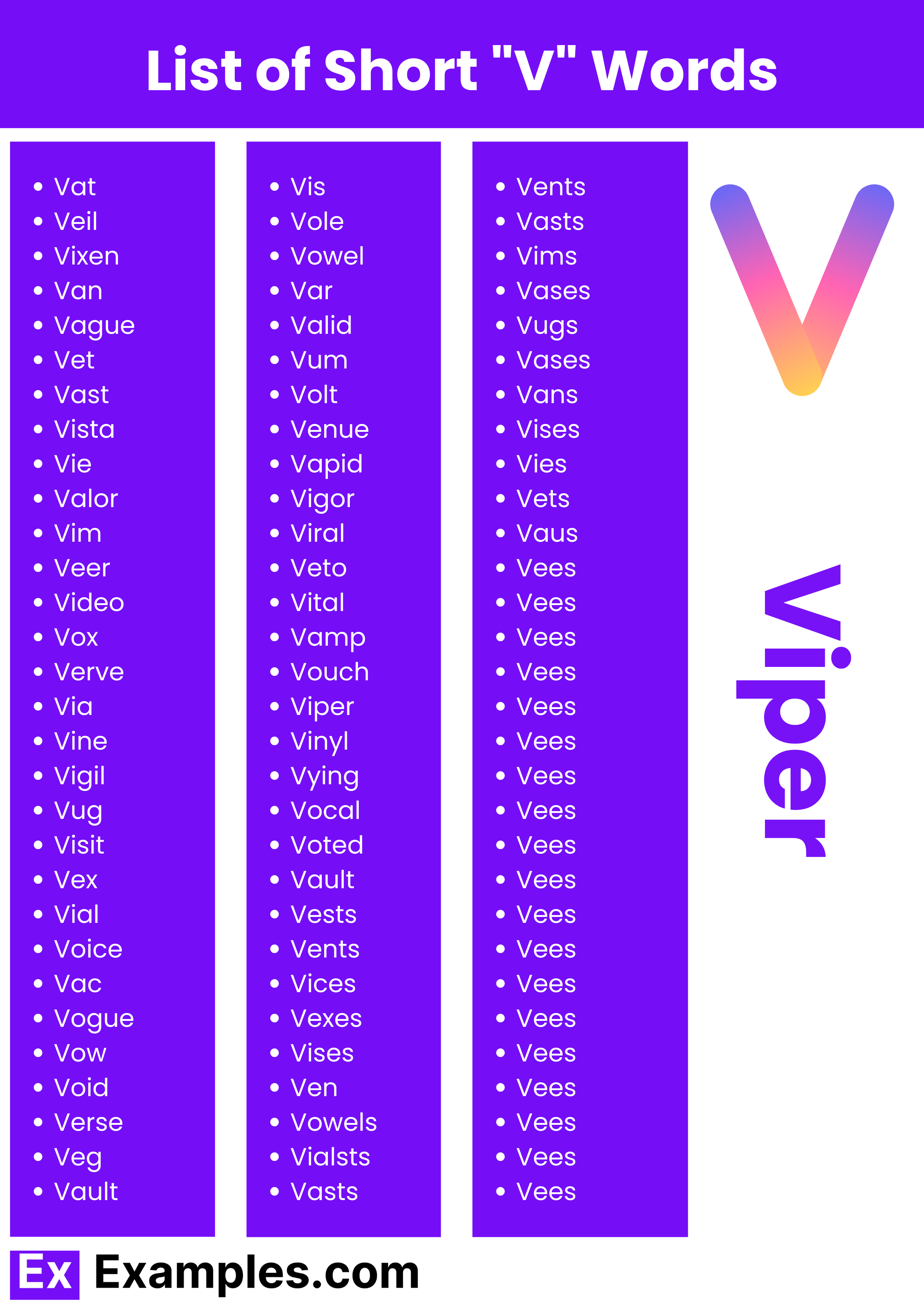 450+ V Short & Long Words, Meanings, PDF