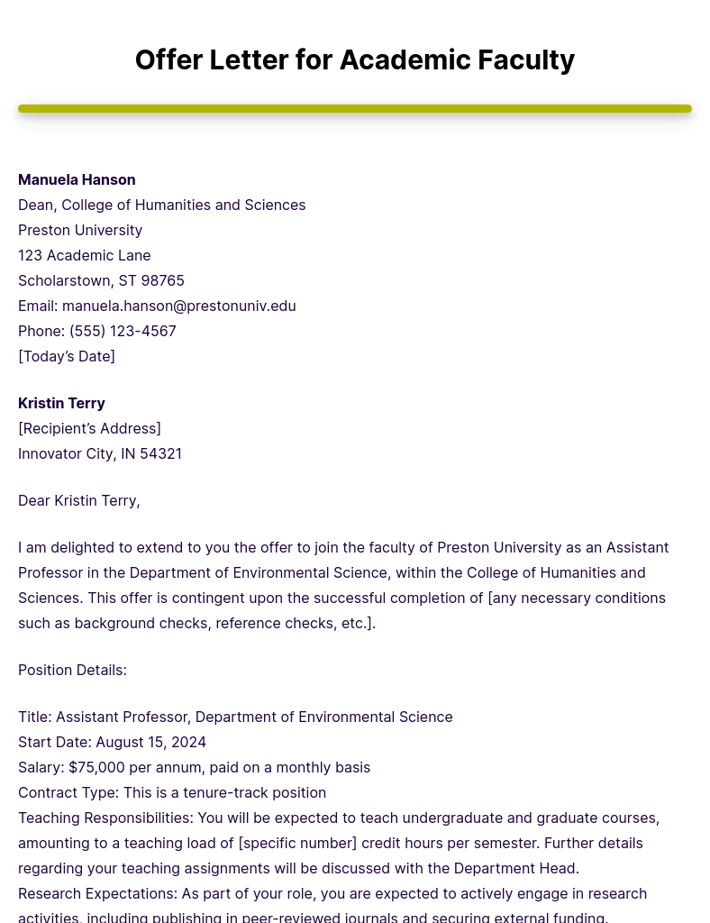 Offer Letter For Academic Faculty Example Edit Download 