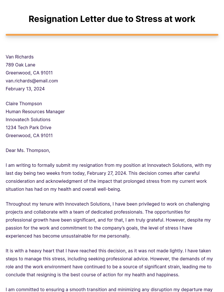 Resignation Letter Due To Stress At Work Example Edit Download 