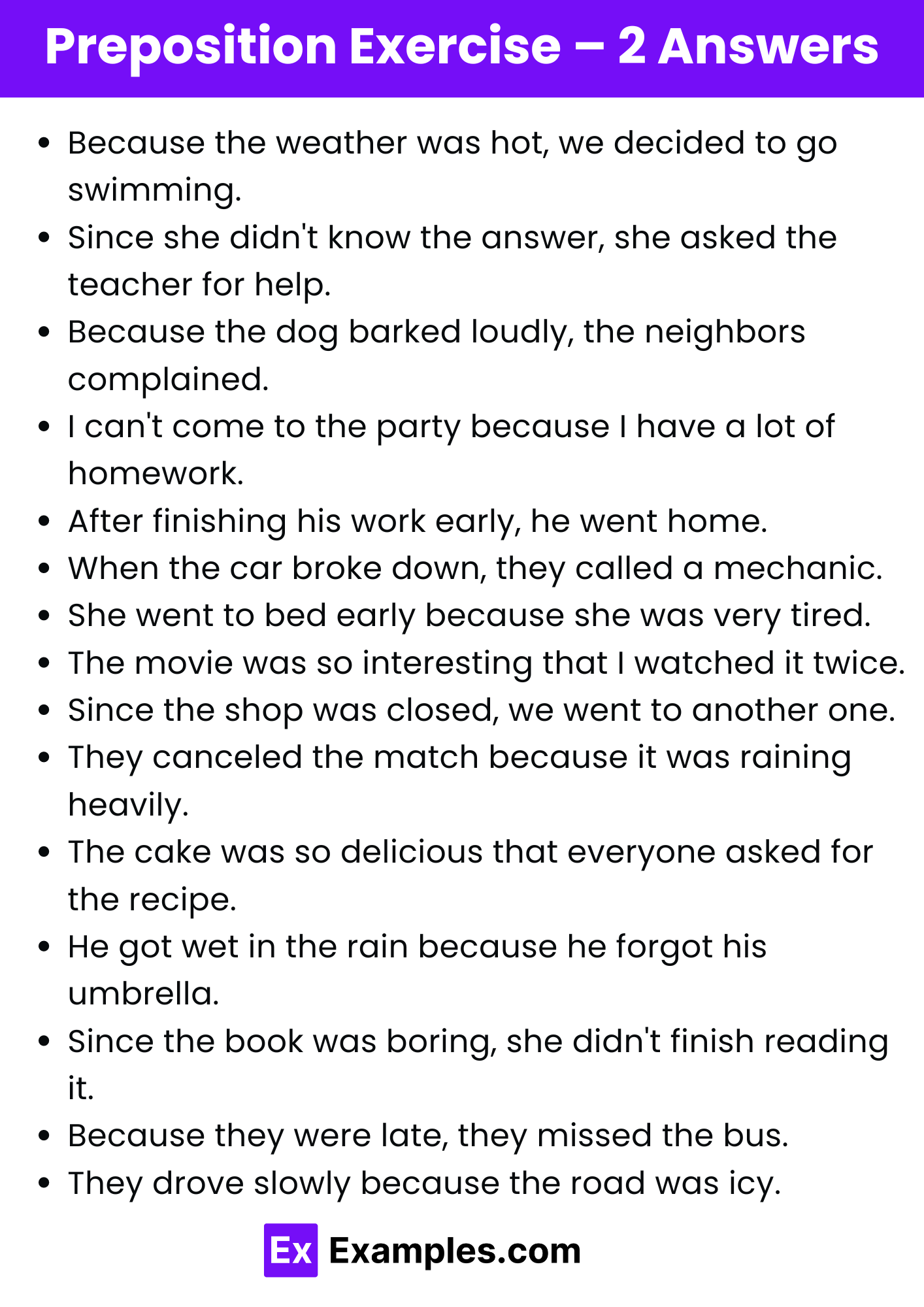 50+ Preposition Excercise Examples