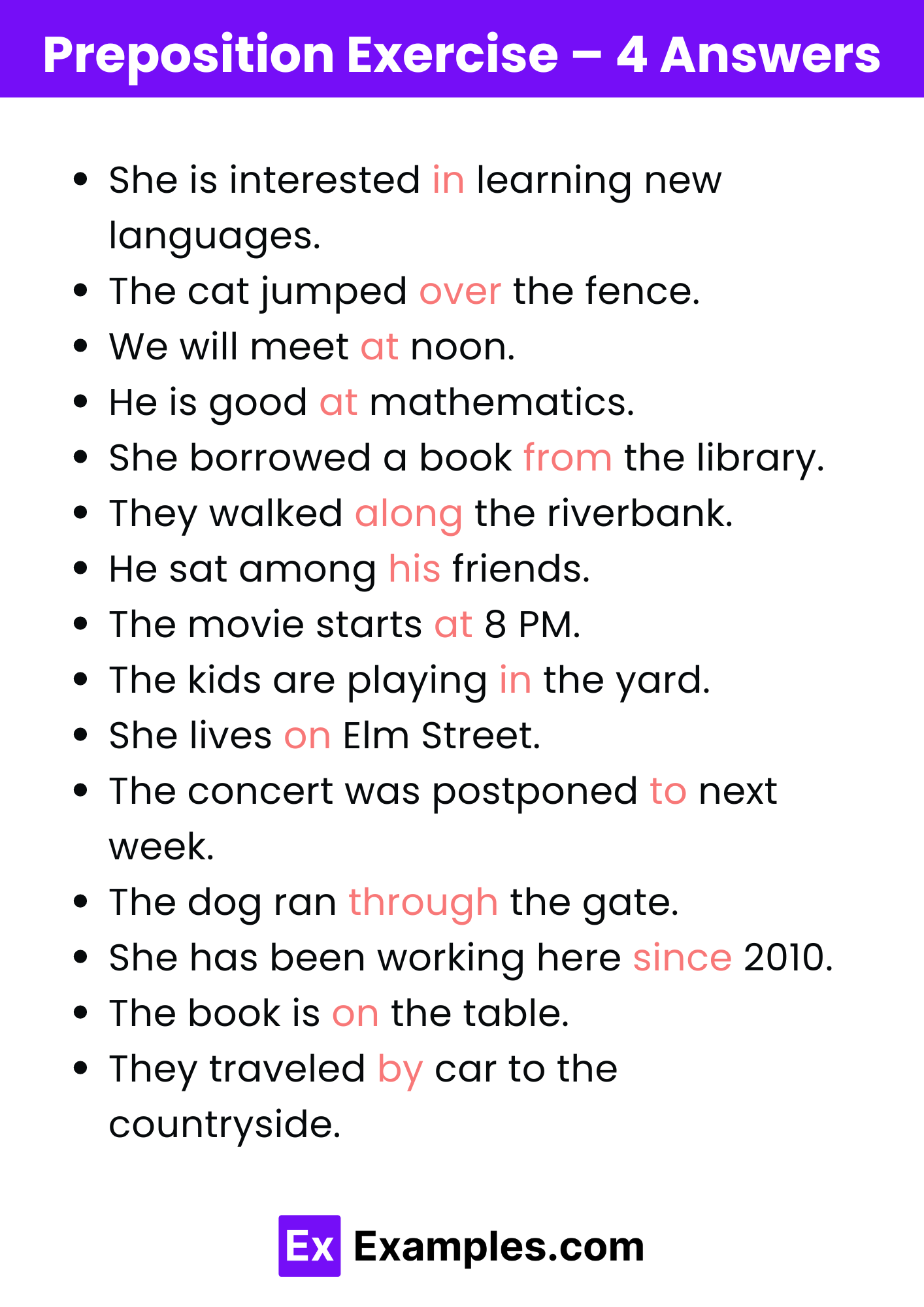 50+ Preposition Excercise Examples