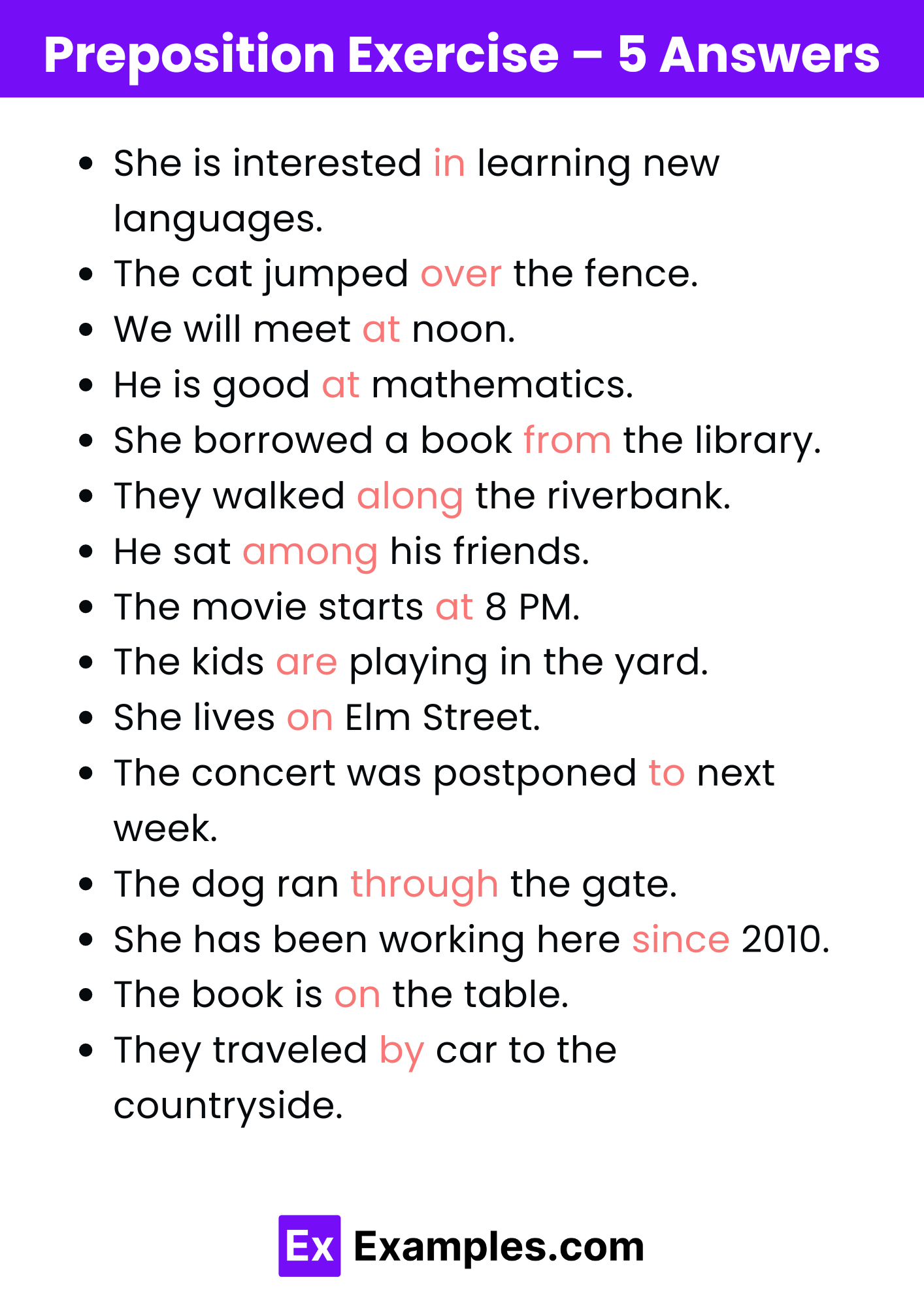 50+ Preposition Excercise Examples